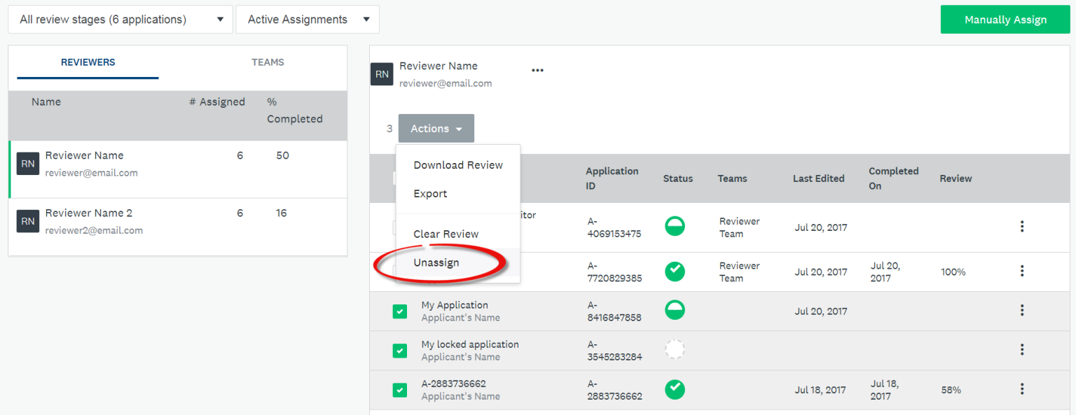 How to Unassign Reviewer/Team Assignments | Apply Help